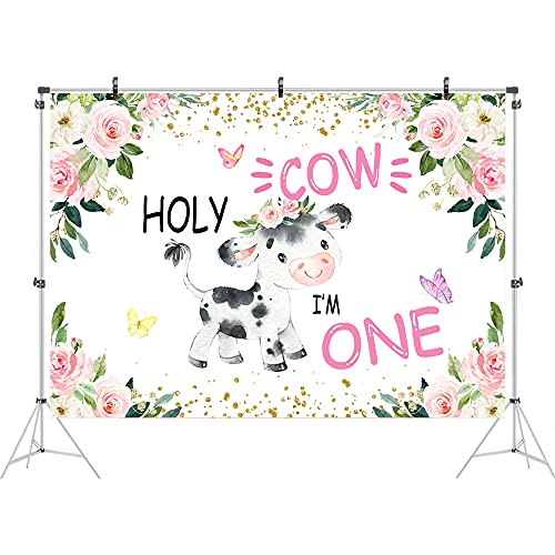 Ticuenicoa 5x3ft Holy Cow I'm One 1st Birthday Backdrop for Girls Baby Shower Photography Background Pink and Gold Floral Animals Bday Backdrops for Party Newborn Kids Supplies Photobooth Props…