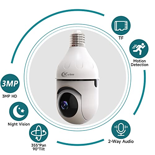 XVIM 3MP Light Bulb Security Camera, WiFi Home Light Bulb Camera, 360° Degree Pan/Tilt View Night Vision, Indoor/Outdoor, Motion Detection