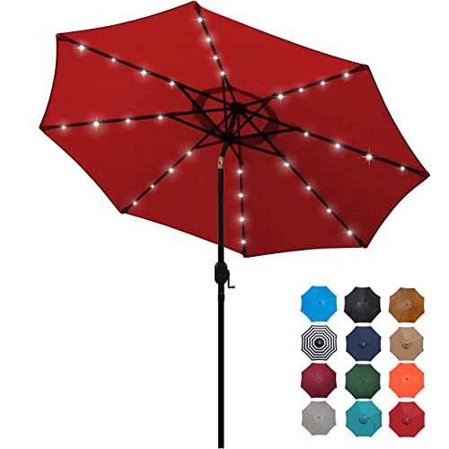 Blissun 9 ft Solar Umbrella 32 LED Lighted Patio Umbrella Table Market Umbrella with Tilt and Crank Outdoor Umbrella for Garden, Deck, Backyard, Pool and Beach (Red)