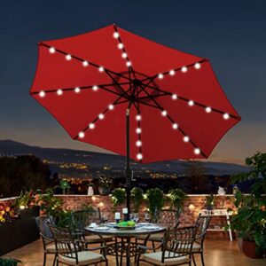 Blissun 9 ft Solar Umbrella 32 LED Lighted Patio Umbrella Table Market Umbrella with Tilt and Crank Outdoor Umbrella for Garden, Deck, Backyard, Pool and Beach (Red)