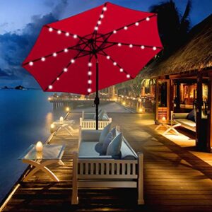 Blissun 9 ft Solar Umbrella 32 LED Lighted Patio Umbrella Table Market Umbrella with Tilt and Crank Outdoor Umbrella for Garden, Deck, Backyard, Pool and Beach (Red)