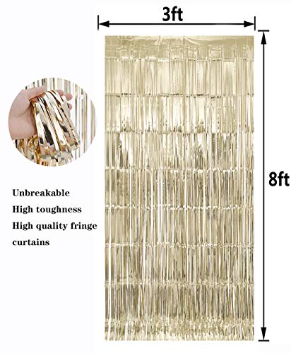 Stafih Foil Fringe Curtains 2PCS 8ft x 3ft Metallic Tinsel Photo Booth Backdrop for Wedding Birthday Bachelorette Christmas Party Decorations(Champagne)