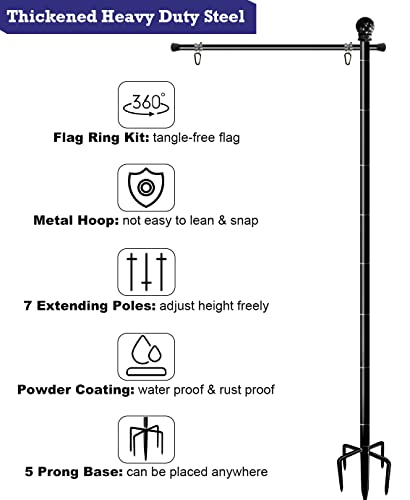 Balie Space 10FT Tall Freestanding Flag Pole for 3x5 Feet American Flag, Adjustable Garden Flagpole Stand with 5 Spikes Base for Outdoor Yard, 10 Feet