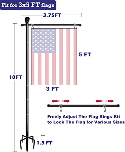 Balie Space 10FT Tall Freestanding Flag Pole for 3x5 Feet American Flag, Adjustable Garden Flagpole Stand with 5 Spikes Base for Outdoor Yard, 10 Feet