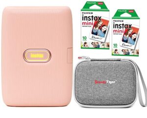 fujifilm instax mini link smartphone printer + fujifilm instax mini instant film (20 sheets) bundle with sturdy tiger travel case and stickers + deals number one cleaning cloth (dusky pink)