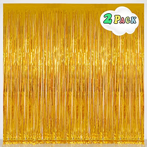 Gold Tinsel Backdrop Party Decorations, Melsan 3.2 x 8 ft Foil Fringe Curtains Party Backdrop for Birthday Party, Anniversary, Graduation, New Year Eve Backdrop Decorations, Pack of 2