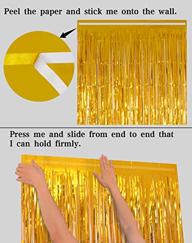 Gold Tinsel Backdrop Party Decorations, Melsan 3.2 x 8 ft Foil Fringe Curtains Party Backdrop for Birthday Party, Anniversary, Graduation, New Year Eve Backdrop Decorations, Pack of 2