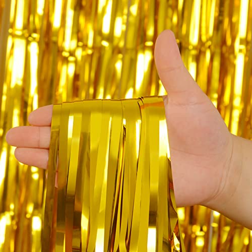 Gold Tinsel Backdrop Party Decorations, Melsan 3.2 x 8 ft Foil Fringe Curtains Party Backdrop for Birthday Party, Anniversary, Graduation, New Year Eve Backdrop Decorations, Pack of 2