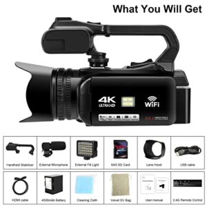 Camcorder Video Camera 4K, Video Camera Auto Focus Vlogging Camera for YouTube 64MP 60FPS WiFi Webcam 4" Touch Screen 18X Digital Zoom with Lens Hood, Stabilizer, Microphone, 64G SD Card, Fill Light