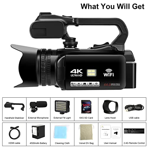 Camcorder Video Camera 4K, Video Camera Auto Focus Vlogging Camera for YouTube 64MP 60FPS WiFi Webcam 4" Touch Screen 18X Digital Zoom with Lens Hood, Stabilizer, Microphone, 64G SD Card, Fill Light