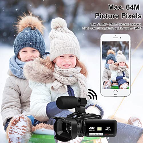 Camcorder Video Camera 4K, Video Camera Auto Focus Vlogging Camera for YouTube 64MP 60FPS WiFi Webcam 4" Touch Screen 18X Digital Zoom with Lens Hood, Stabilizer, Microphone, 64G SD Card, Fill Light