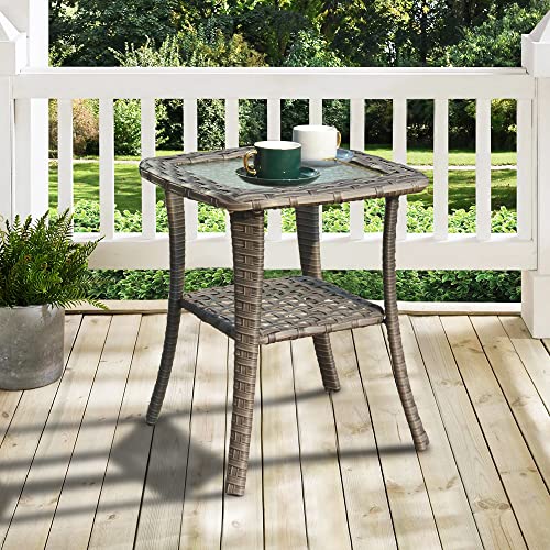 ovios Outdoor Side Table Patio Coffee Table Wicker Rattan Table Garden Tea Table Patio Table with Glass Top for Backyard Deck Balcony, Grey Wicker