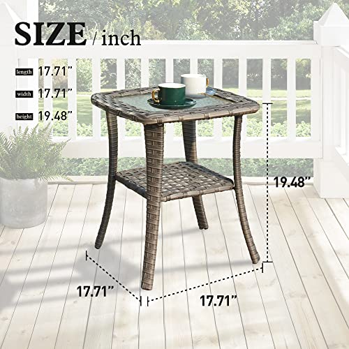 ovios Outdoor Side Table Patio Coffee Table Wicker Rattan Table Garden Tea Table Patio Table with Glass Top for Backyard Deck Balcony, Grey Wicker