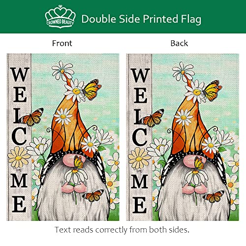 CROWNED BEAUTY Spring Summer Garden Flag Gnome Floral Butterfly Daisy Welcome 12×18 Inch Double Sided Outside Vertical Yard Flag