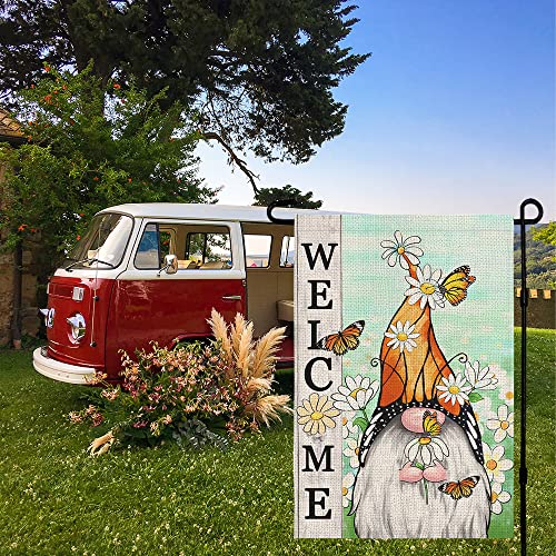 CROWNED BEAUTY Spring Summer Garden Flag Gnome Floral Butterfly Daisy Welcome 12×18 Inch Double Sided Outside Vertical Yard Flag