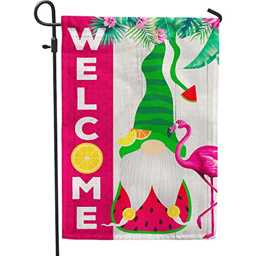 Summer Welcome Gnome Garden Flag 12x18Inch Tropical Double Sided for Yard Outside Decoration