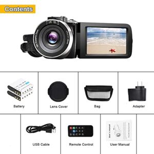 Video Camera Camcorder Full HD 1080P 30FPS 24.0 MP IR Night Vision Vlogging Camera Recorder 3.0 Inch IPS Screen 16X Zoom Camcorders Remote Control with 2 Batteries