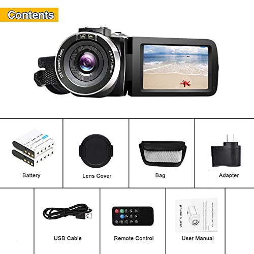 Video Camera Camcorder Full HD 1080P 30FPS 24.0 MP IR Night Vision Vlogging Camera Recorder 3.0 Inch IPS Screen 16X Zoom Camcorders Remote Control with 2 Batteries