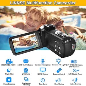 Video Camera Camcorder Full HD 1080P 30FPS 24.0 MP IR Night Vision Vlogging Camera Recorder 3.0 Inch IPS Screen 16X Zoom Camcorders Remote Control with 2 Batteries