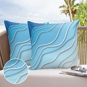 Outdoor Pillow Covers Waterproof, Blue Ombre Throw Pillowcase Decorative Cover, Aesthetic Geometric Blue Wave Modern Abstract Art Garden Cushion Case Set of 2 for Sofa, Couch, Tent, Patio 18"x18"