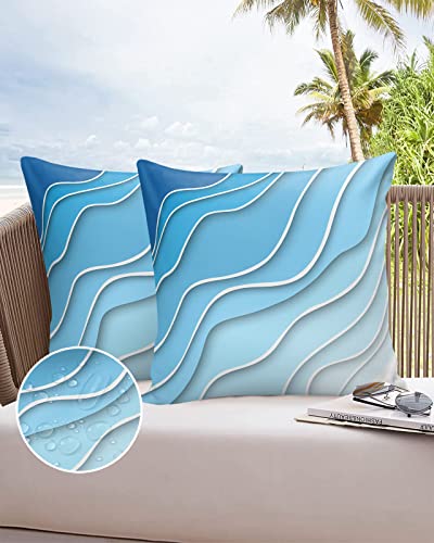 Outdoor Pillow Covers Waterproof, Blue Ombre Throw Pillowcase Decorative Cover, Aesthetic Geometric Blue Wave Modern Abstract Art Garden Cushion Case Set of 2 for Sofa, Couch, Tent, Patio 18"x18"