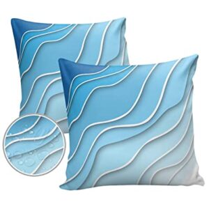 Outdoor Pillow Covers Waterproof, Blue Ombre Throw Pillowcase Decorative Cover, Aesthetic Geometric Blue Wave Modern Abstract Art Garden Cushion Case Set of 2 for Sofa, Couch, Tent, Patio 18"x18"