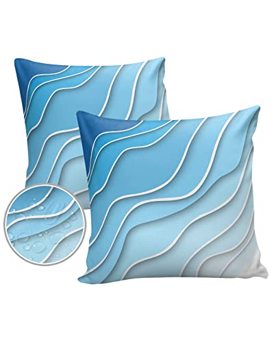 Outdoor Pillow Covers Waterproof, Blue Ombre Throw Pillowcase Decorative Cover, Aesthetic Geometric Blue Wave Modern Abstract Art Garden Cushion Case Set of 2 for Sofa, Couch, Tent, Patio 18"x18"