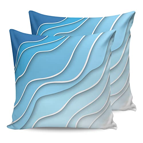 Outdoor Pillow Covers Waterproof, Blue Ombre Throw Pillowcase Decorative Cover, Aesthetic Geometric Blue Wave Modern Abstract Art Garden Cushion Case Set of 2 for Sofa, Couch, Tent, Patio 18"x18"