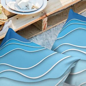 Outdoor Pillow Covers Waterproof, Blue Ombre Throw Pillowcase Decorative Cover, Aesthetic Geometric Blue Wave Modern Abstract Art Garden Cushion Case Set of 2 for Sofa, Couch, Tent, Patio 18"x18"