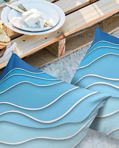 Outdoor Pillow Covers Waterproof, Blue Ombre Throw Pillowcase Decorative Cover, Aesthetic Geometric Blue Wave Modern Abstract Art Garden Cushion Case Set of 2 for Sofa, Couch, Tent, Patio 18"x18"