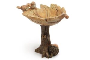 miniature fairy garden birds resting on leaf birdbath