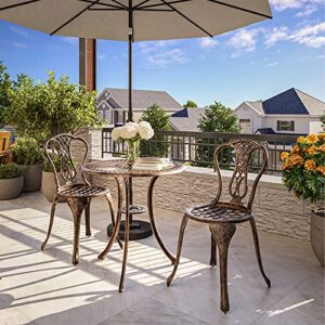 BELLEZE 3 Piece Cast Aluminum Bistro Set, Rust-Resistant Outdoor Patio Metal Bistro Sets Weather Resistant Table and 2 Chairs with Umbrella Hole for Balcony Backyard Garden - Bronze