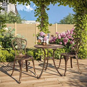 BELLEZE 3 Piece Cast Aluminum Bistro Set, Rust-Resistant Outdoor Patio Metal Bistro Sets Weather Resistant Table and 2 Chairs with Umbrella Hole for Balcony Backyard Garden - Bronze