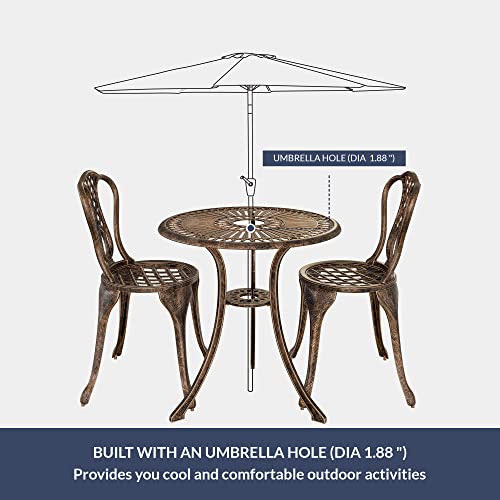 BELLEZE 3 Piece Cast Aluminum Bistro Set, Rust-Resistant Outdoor Patio Metal Bistro Sets Weather Resistant Table and 2 Chairs with Umbrella Hole for Balcony Backyard Garden - Bronze