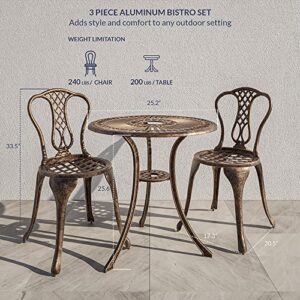 BELLEZE 3 Piece Cast Aluminum Bistro Set, Rust-Resistant Outdoor Patio Metal Bistro Sets Weather Resistant Table and 2 Chairs with Umbrella Hole for Balcony Backyard Garden - Bronze