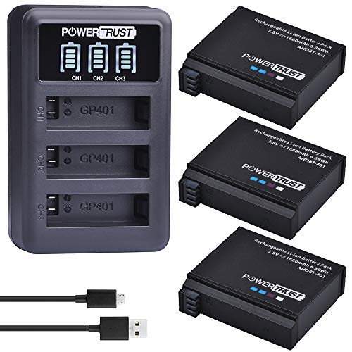 PowerTrust 3Pcs AHDBT-401 Battery for Gopro Hero 4 AHDBT401 AHBBP-401 AHDBT 401 Digital Battery and LED 3-Port USB Charger for GoPro Hero4 HERO4 Camera