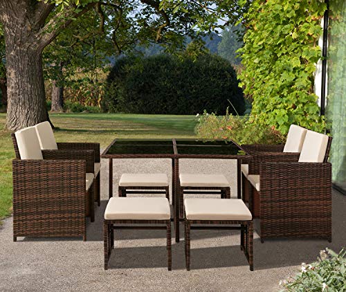 Tuoze 9 Pieces Furniture Dining Outdoor Sectional Rattan Patio Conversation Space Saving Cushioned Sets with Glass Table for Garden Poolside Balcony (Brown), Beige