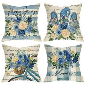 fjfz happy spring blue flower gnome decorative throw pillow cover 18 x 18 set of 4, floral rose buffalo plaid porch patio outdoor home decor, bloom stripes bike seasonal farmhouse couch cushion case