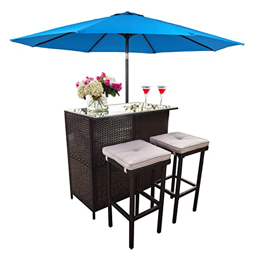 SUNCROWN Outdoor Bar Set 3-Piece Rattan Wicker Patio Furniture, Glass Bar and Two Stools with Cushions and 9 FT Patio Umbrella for Patios, Backyards, Porches, Gardens or Poolside, Sky Blue