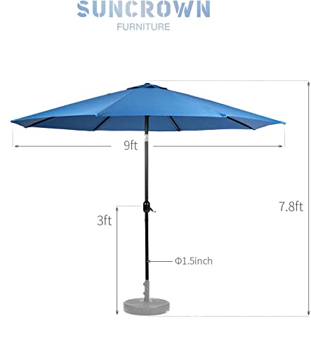 SUNCROWN Outdoor Bar Set 3-Piece Rattan Wicker Patio Furniture, Glass Bar and Two Stools with Cushions and 9 FT Patio Umbrella for Patios, Backyards, Porches, Gardens or Poolside, Sky Blue