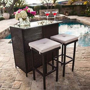 SUNCROWN Outdoor Bar Set 3-Piece Rattan Wicker Patio Furniture, Glass Bar and Two Stools with Cushions and 9 FT Patio Umbrella for Patios, Backyards, Porches, Gardens or Poolside, Sky Blue