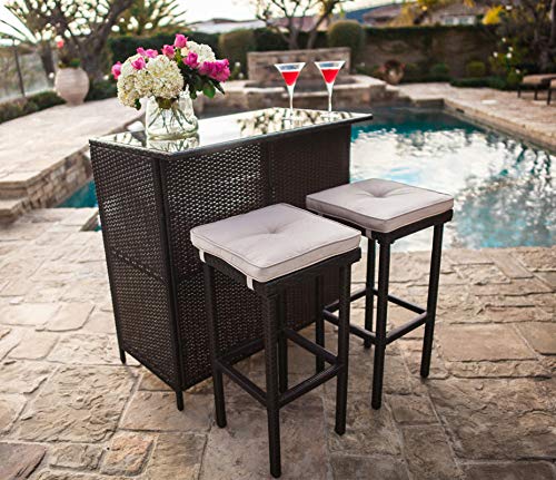 SUNCROWN Outdoor Bar Set 3-Piece Rattan Wicker Patio Furniture, Glass Bar and Two Stools with Cushions and 9 FT Patio Umbrella for Patios, Backyards, Porches, Gardens or Poolside, Sky Blue