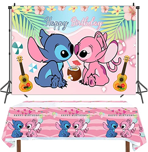 Pink Cartoon Themed Backdrop with Tablecloth 70x42in for Girls Family Birthday Party Decorations Supplies 6x4ft