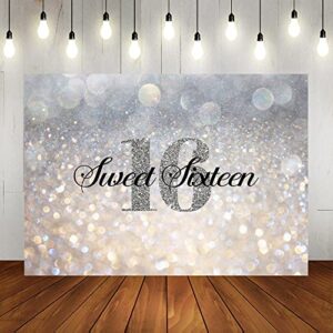 lofaris sweet 16 birthday party backdrop shiny (no glitter) silver white bokeh golden spots princess sixteen background girls 16th birthday decorations cake table banner 7x5ft