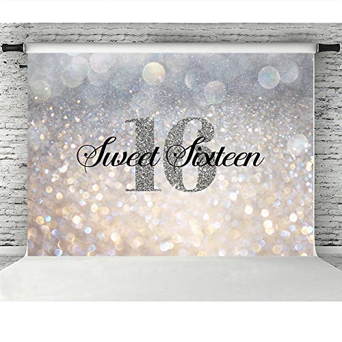 Lofaris Sweet 16 Birthday Party Backdrop Shiny (No Glitter) Silver White Bokeh Golden Spots Princess Sixteen Background Girls 16th Birthday Decorations Cake Table Banner 7x5ft