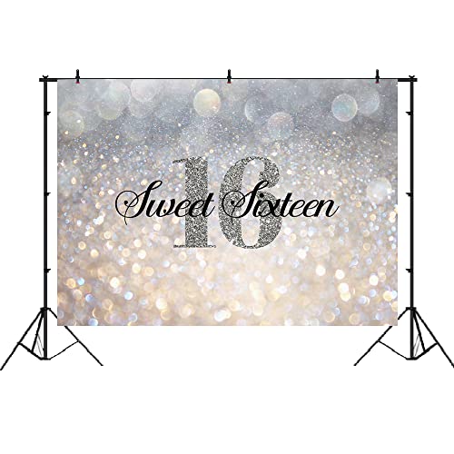 Lofaris Sweet 16 Birthday Party Backdrop Shiny (No Glitter) Silver White Bokeh Golden Spots Princess Sixteen Background Girls 16th Birthday Decorations Cake Table Banner 7x5ft