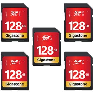 gigastone 128gb 5-pack sd card uhs-i u1 class 10 sdxc memory card high speed full hd video canon nikon sony pentax kodak olympus panasonic digital camera, with 5 mini cases