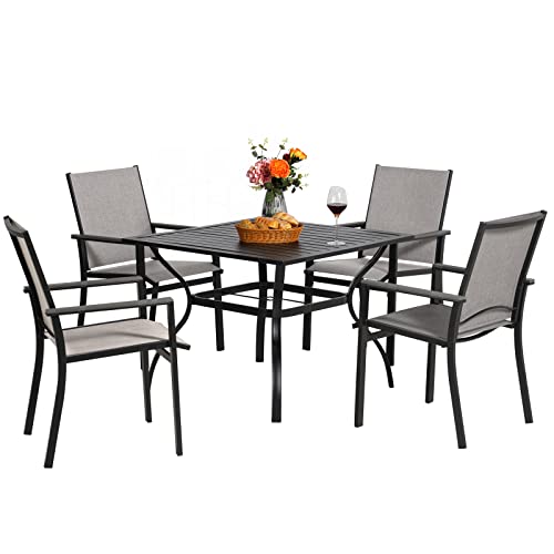 MEOOEM Patio Dining Set 5 Pieces Outdoor Metal Furniture Set, 4 x Textilene Chairs with 37 INCH Rectangular Umbrella Table for Outdoor Garden Backyard