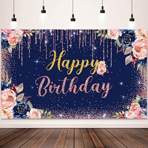 happy birthday backdrop decorations for women background party supplies rose backdrop photography for girls boys floral glitters banner wedding baby shower decor (navy blue)