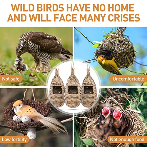 WDEFUN Humming Bird Houses for Outdoor Hanging, Natural Grass Bird Hut,Hand Woven Hummingbird Nest,Wren Finch Bird House for Garden Window Outdoor Home 3 Pack